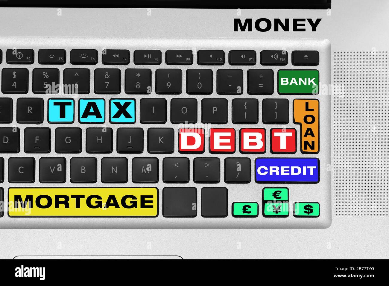 Concept of finance bank transactions in colorful letters on computer ...