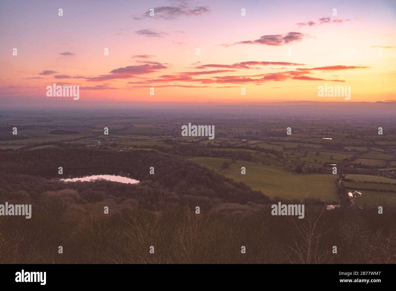 Sunset over Lake Gormire and North Yorkshire from Sutton Bank, UK Stock ...