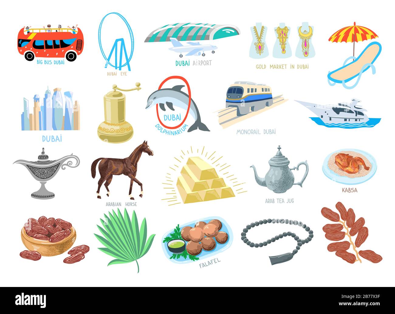 set of 20 hand drawing icon symbol from Dubai, United Arab Emirates ...