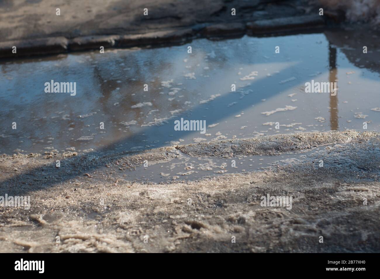 Spring puddles, snowdrifts, snow, mud and melted dirty water Stock ...