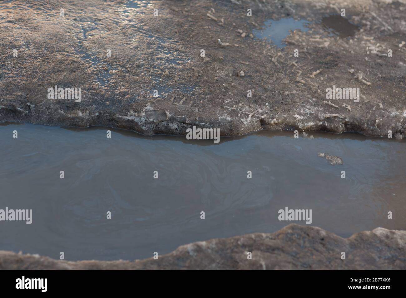 Spring puddles, snowdrifts, snow, mud and melted dirty water Stock ...