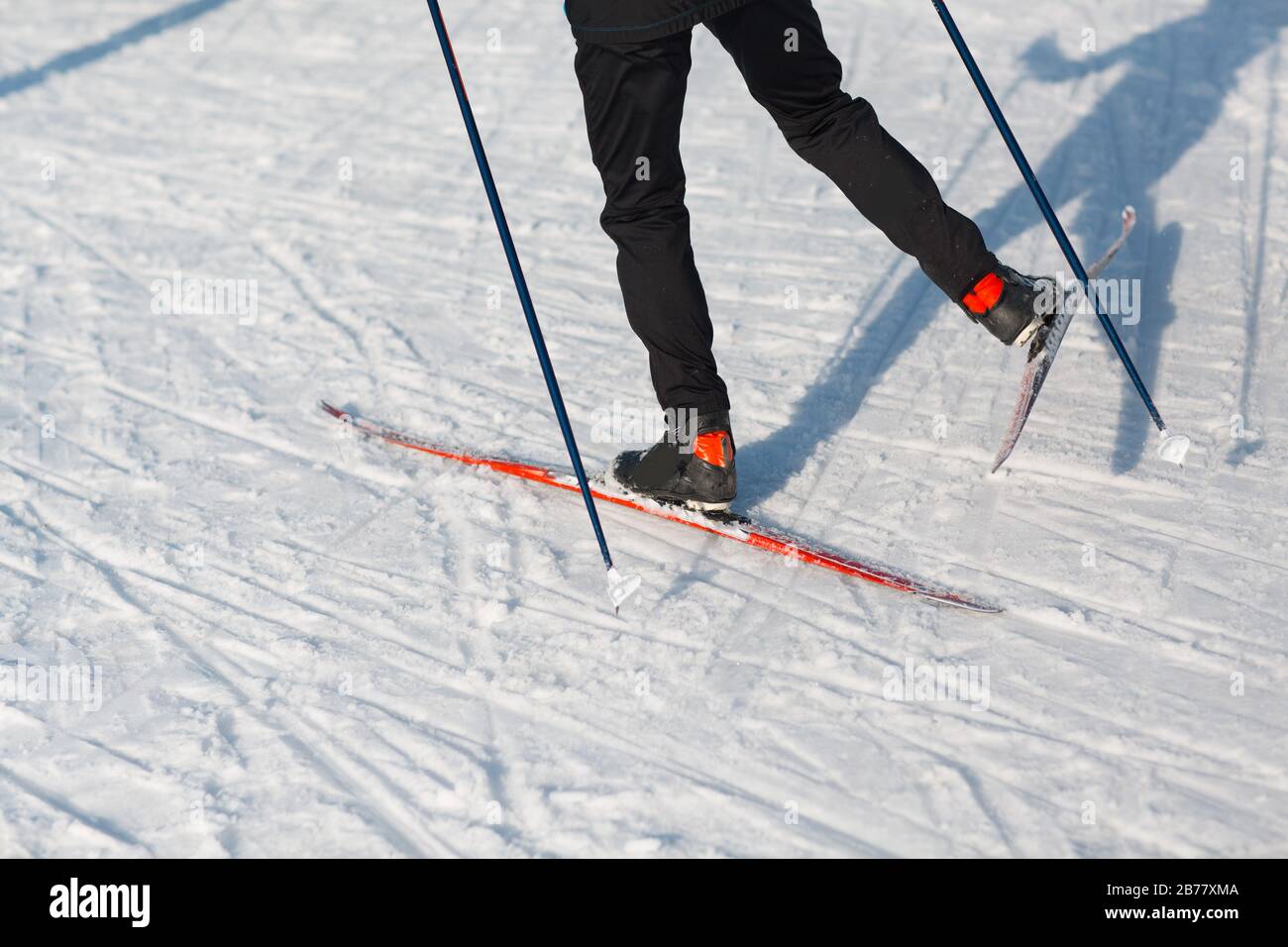Skier rides on the skiing track on ski Stock Photo - Alamy