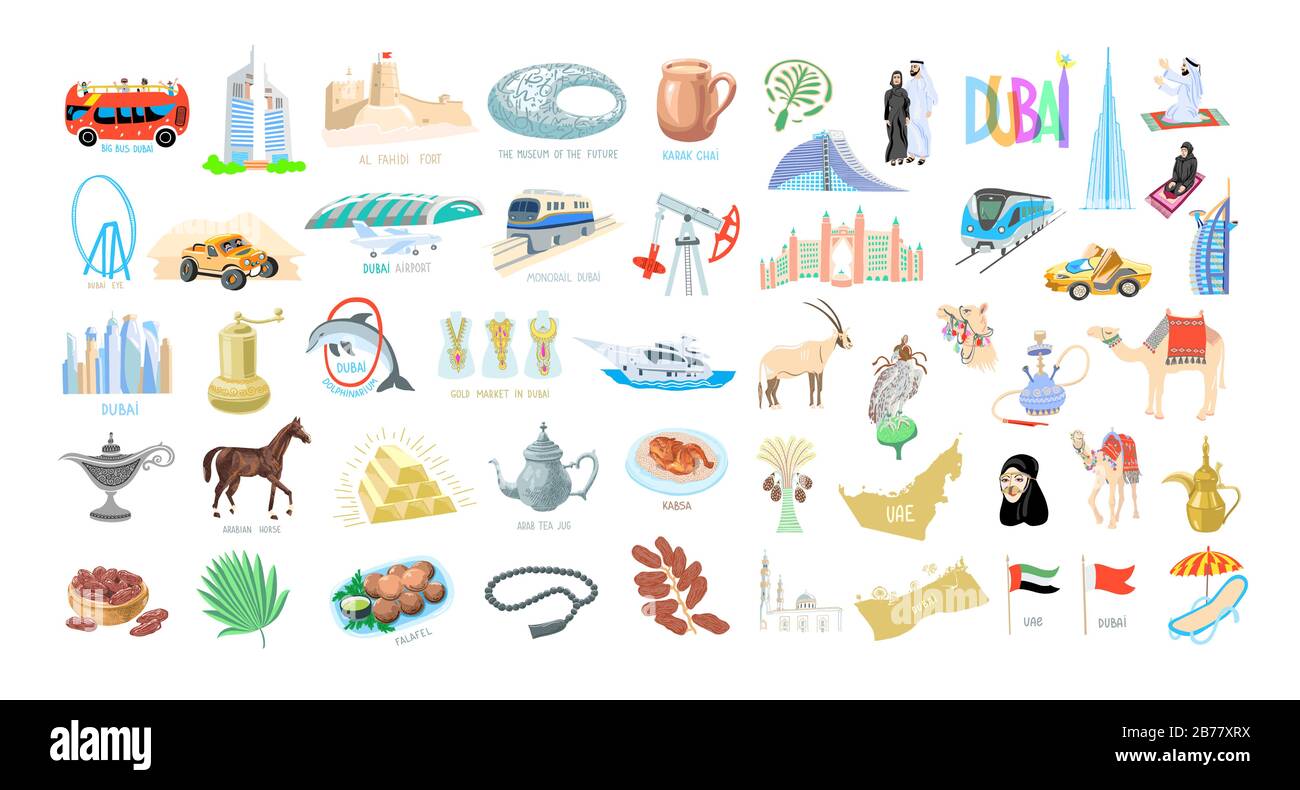 set of 50 hand drawing icon symbol from Dubai, United Arab Emirates ...
