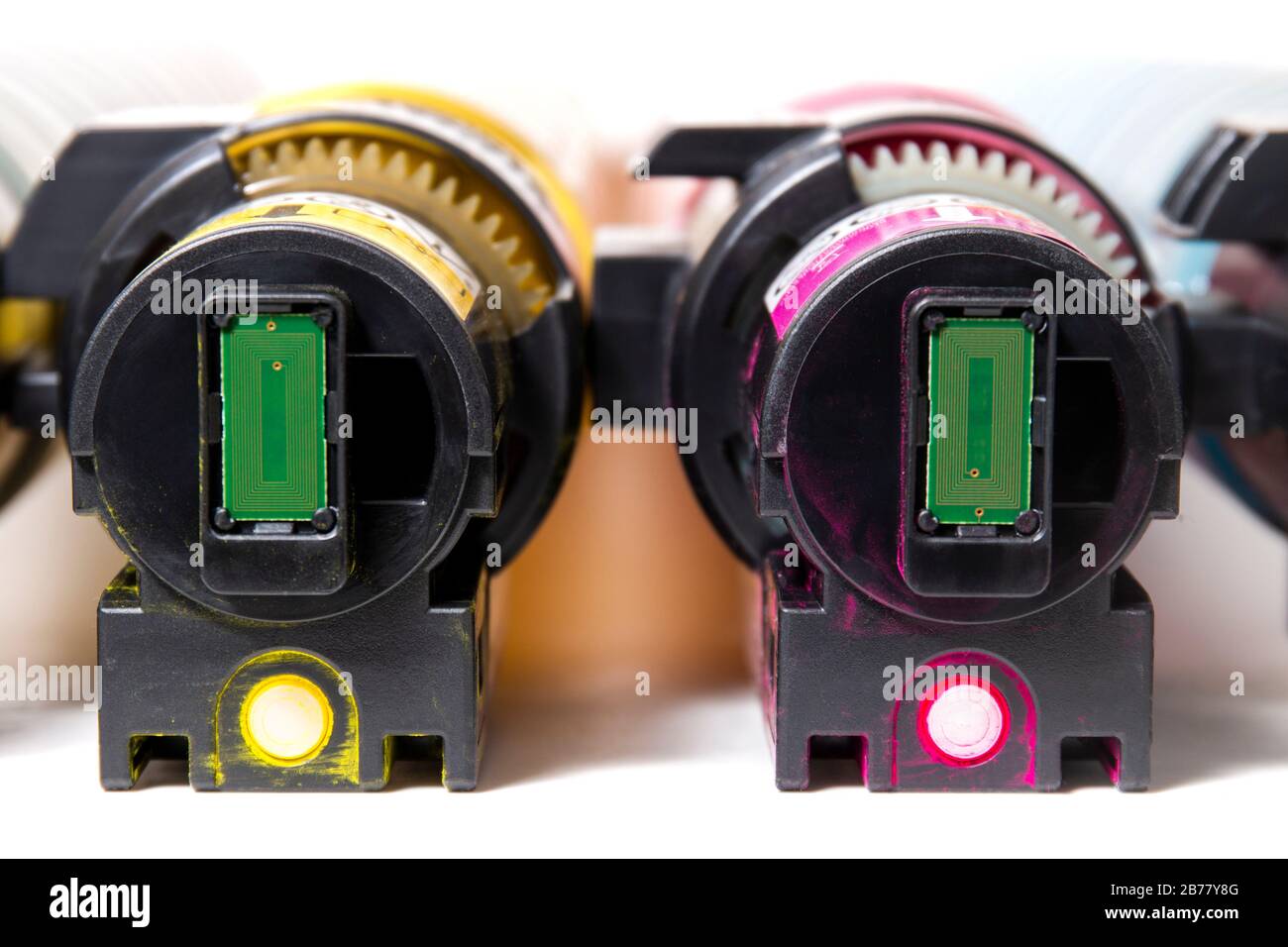 cartridges for laser printers aligned on a white background Stock Photo ...