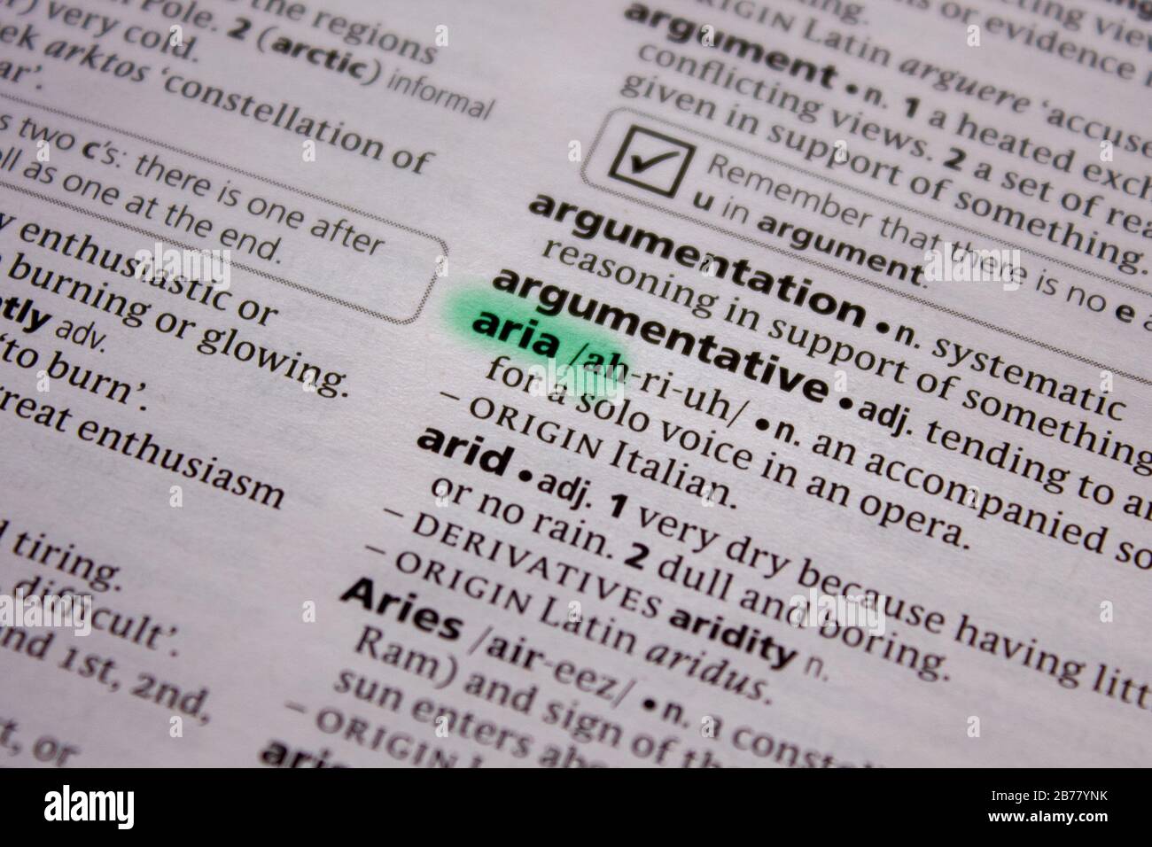 Aria word or phrase in a dictionary Stock Photo - Alamy