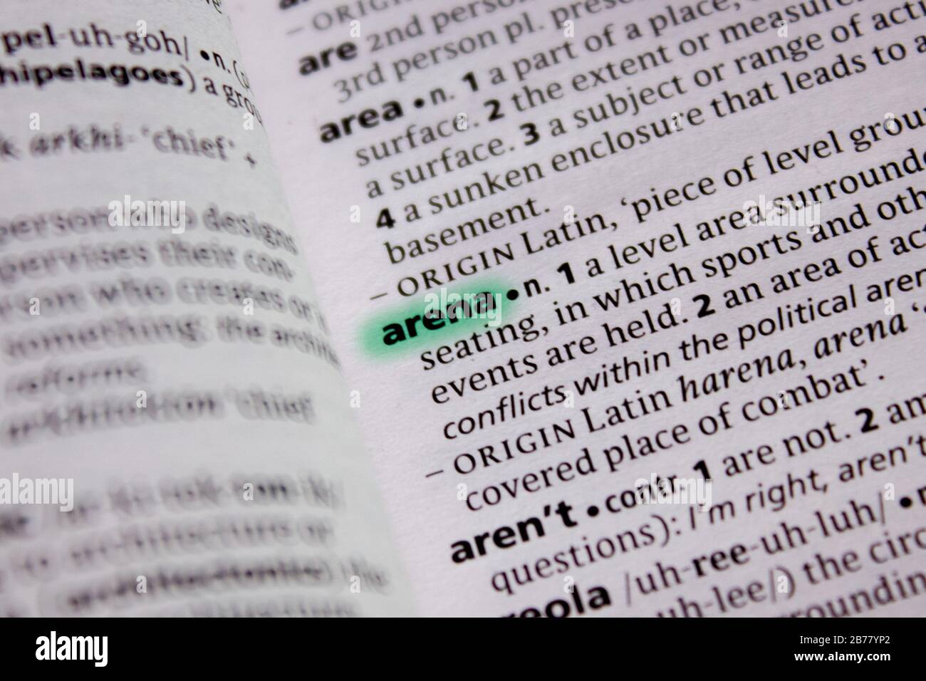 Arena word or phrase in a dictionary Stock Photo - Alamy