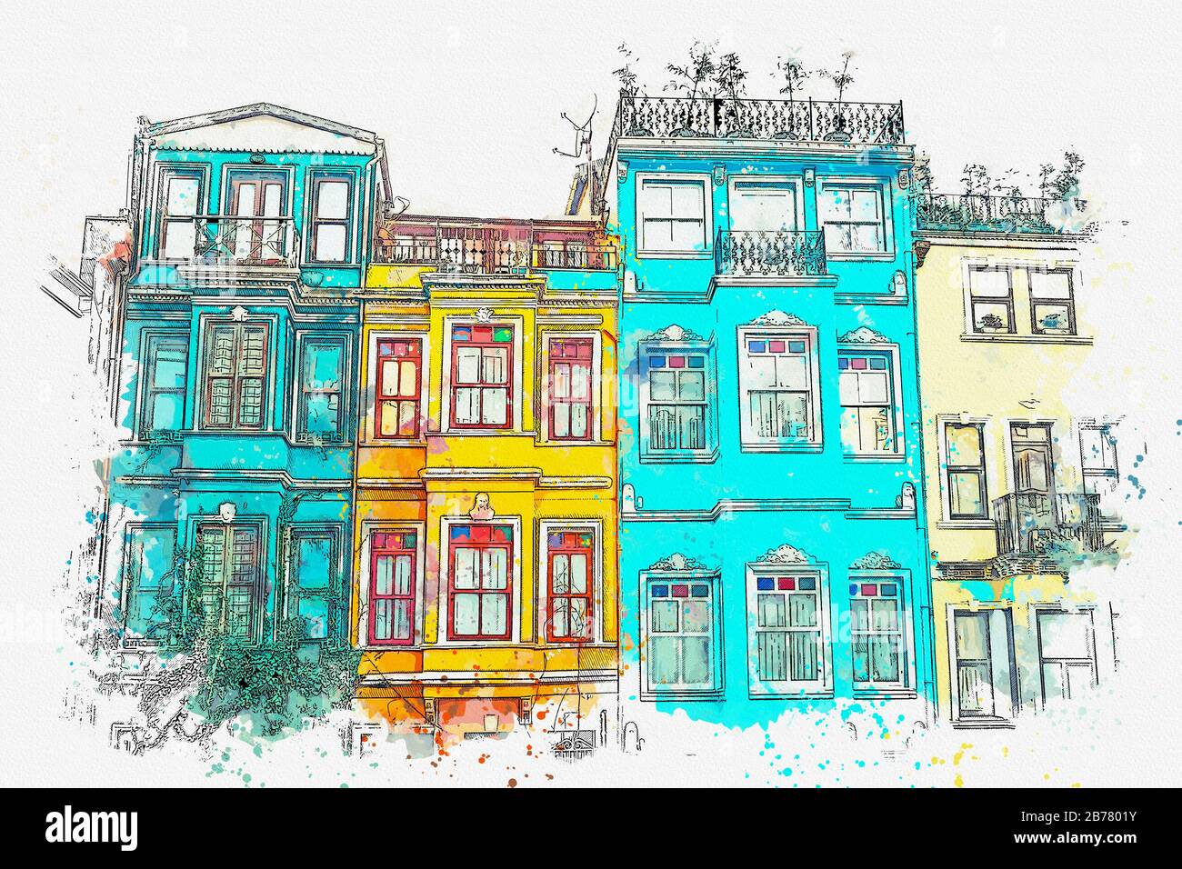 Watercolor sketch of ancient traditional apartment buildings in the ...