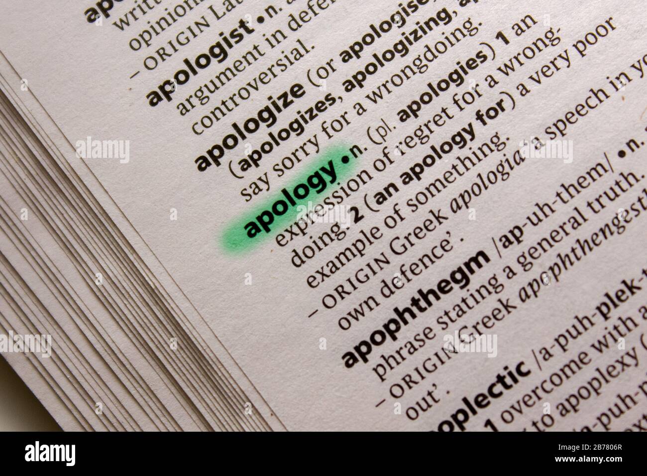 Apology word or phrase in a dictionary Stock Photo - Alamy