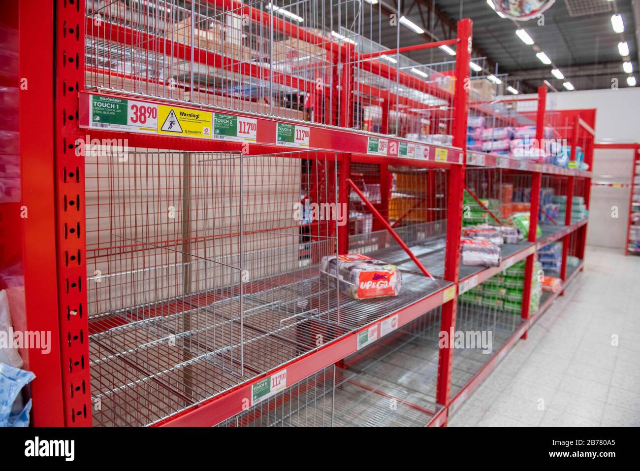 Stockholm, Sweden. 14th Mar, 2020. The store shelves gap empty and the ...