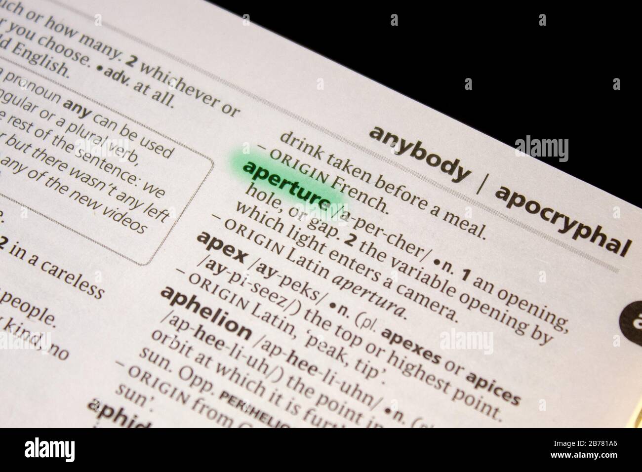Aperture word or phrase in a dictionary Stock Photo - Alamy