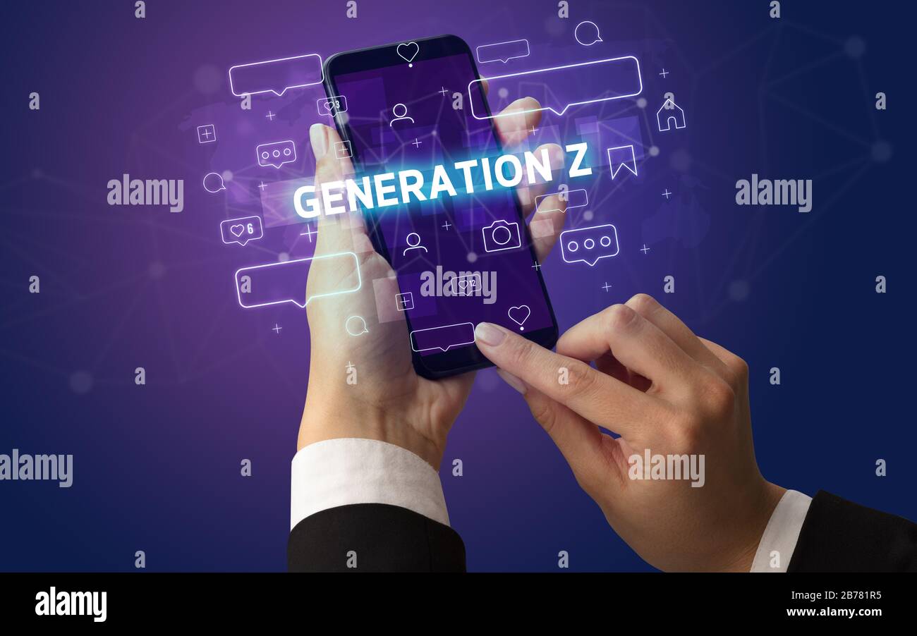 Female hand typing on smartphone with GENERATION Z inscription, social ...