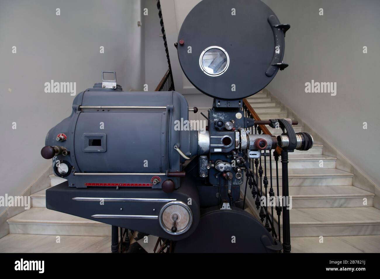 Close view of a old vintage retro cinema camera at display on a museum ...