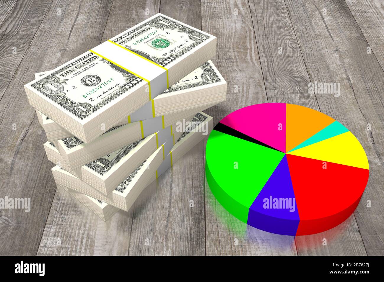 One dollar bills, pie chart, wood in background Stock Photo - Alamy