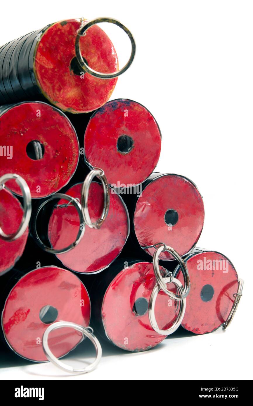 Close view of pile of smoke grenades on white background for paintball ...