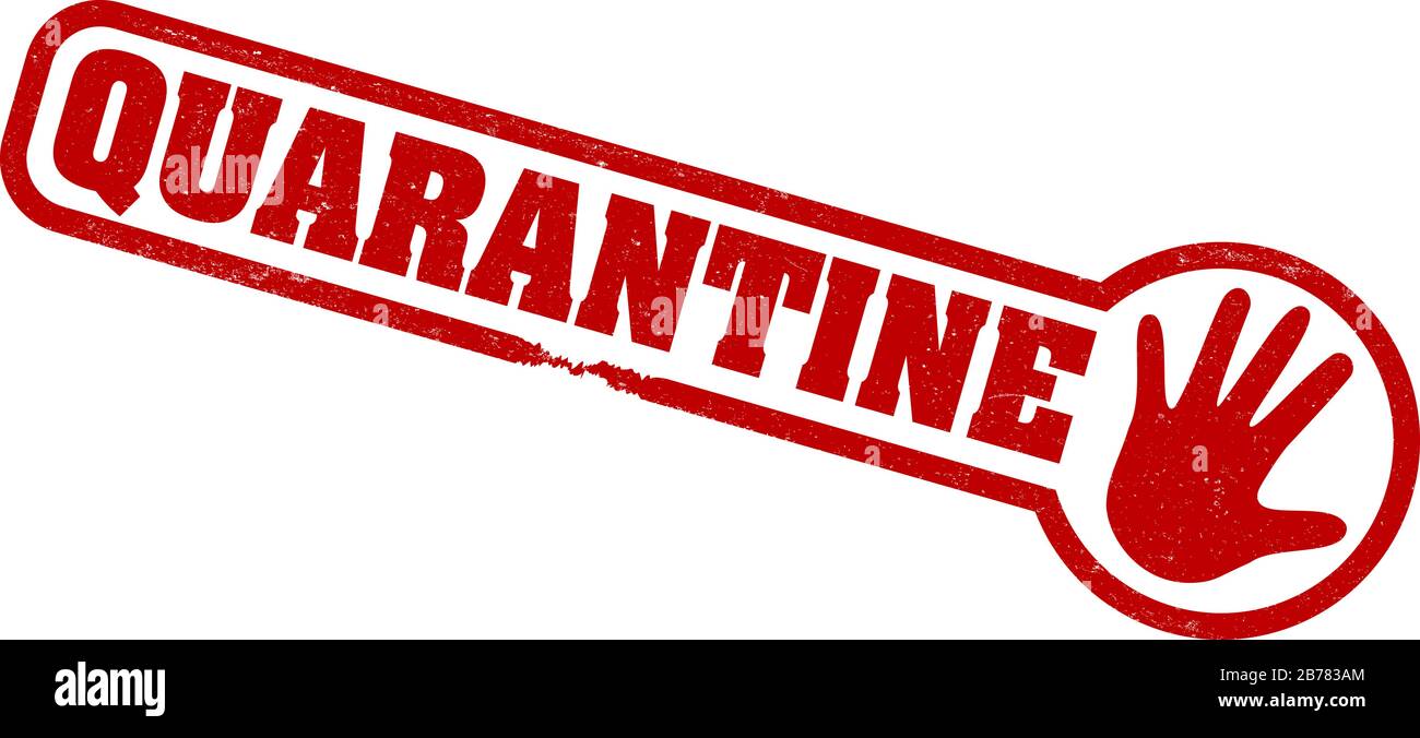 red QUARANTINE rubber stamp with hand stop gesture isolated on white ...