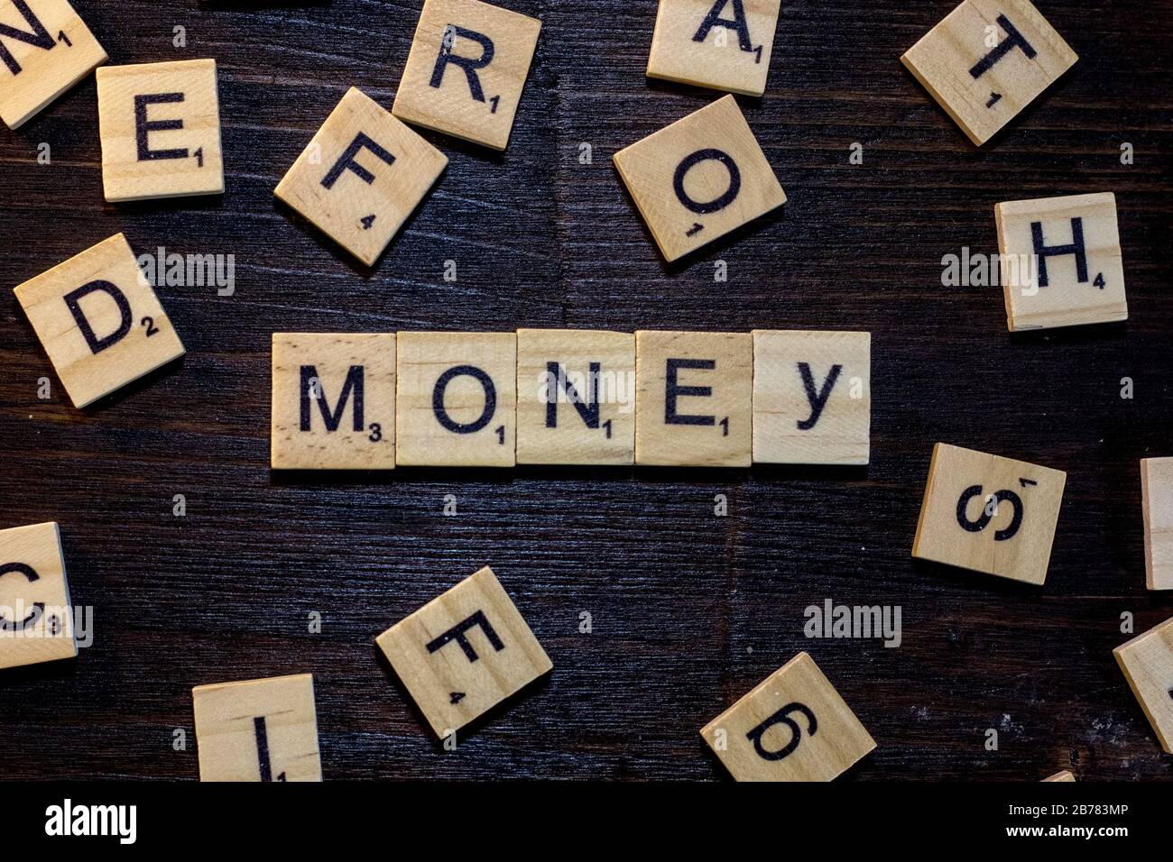 Money word made with scrabble letters on a black wooden table Stock ...