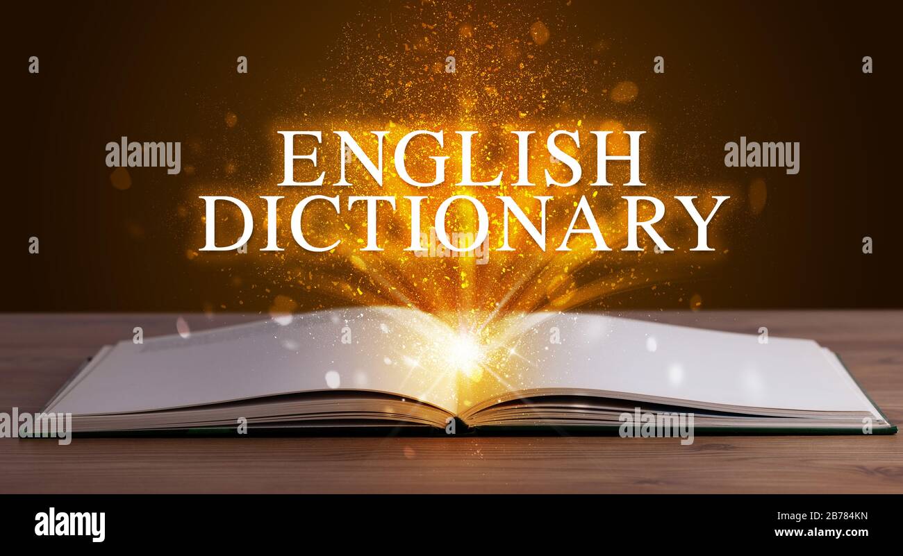 ENGLISH DICTIONARY inscription coming out from an open book ...