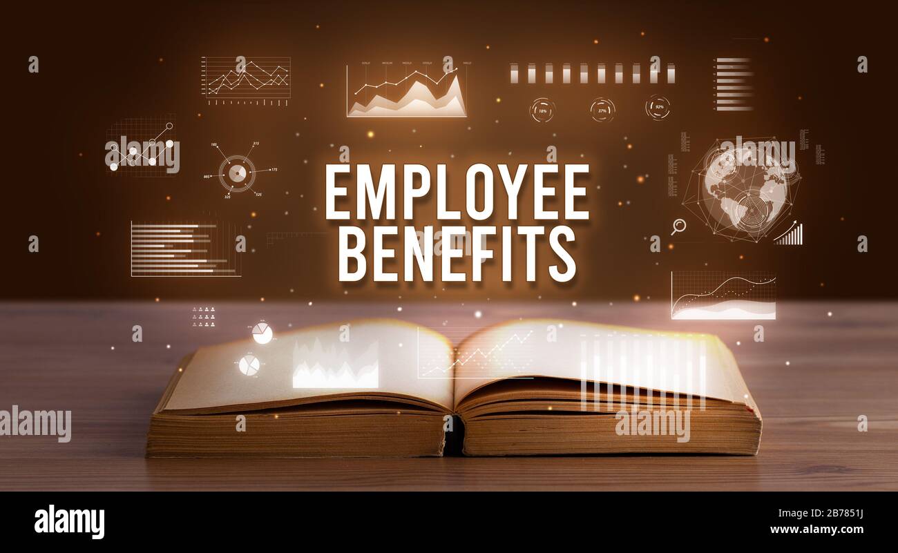EMPLOYEE BENEFITS inscription coming out from an open book, creative ...