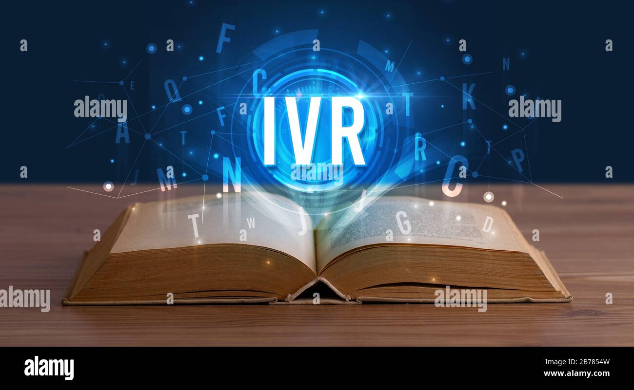 IVR inscription coming out from an open book, digital technology ...