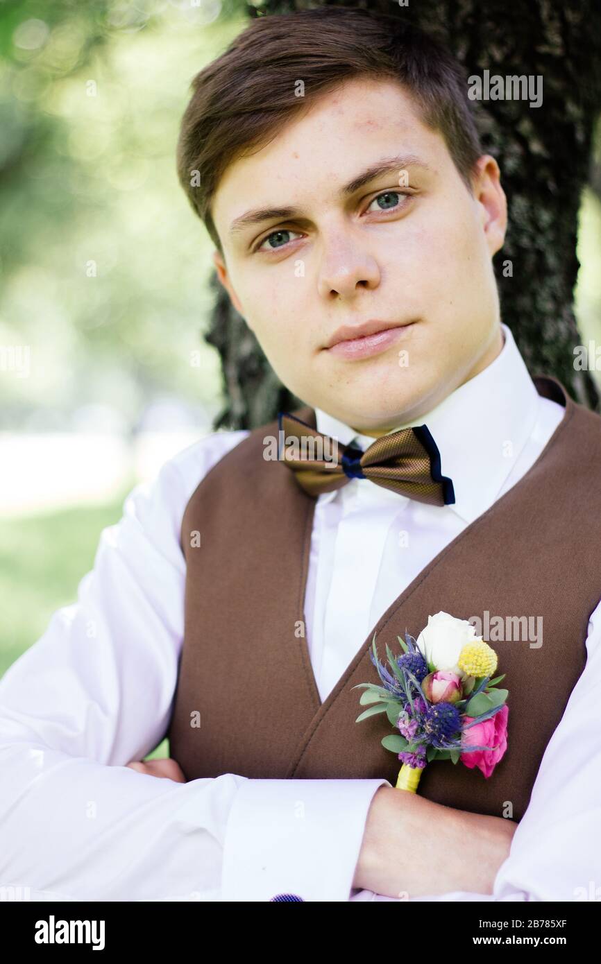 Portrait of elegant groom on wedding ceremony. Groom hairstyle Stock ...