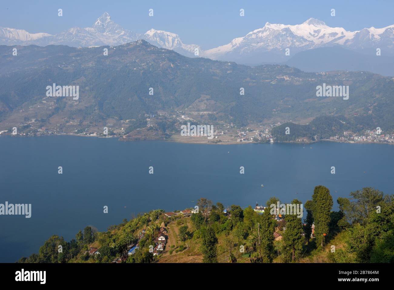 Arial view on Pokhara city, lake Phewa and the Himalayan range in Nepal ...