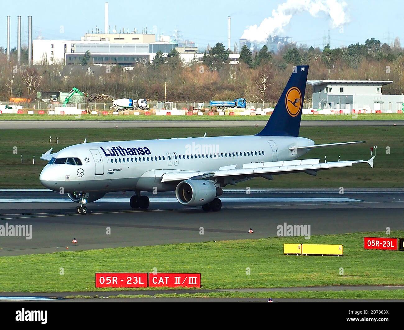 Lufthansa airplane at the airport in Duesseldorf in Germany Stock Photo ...