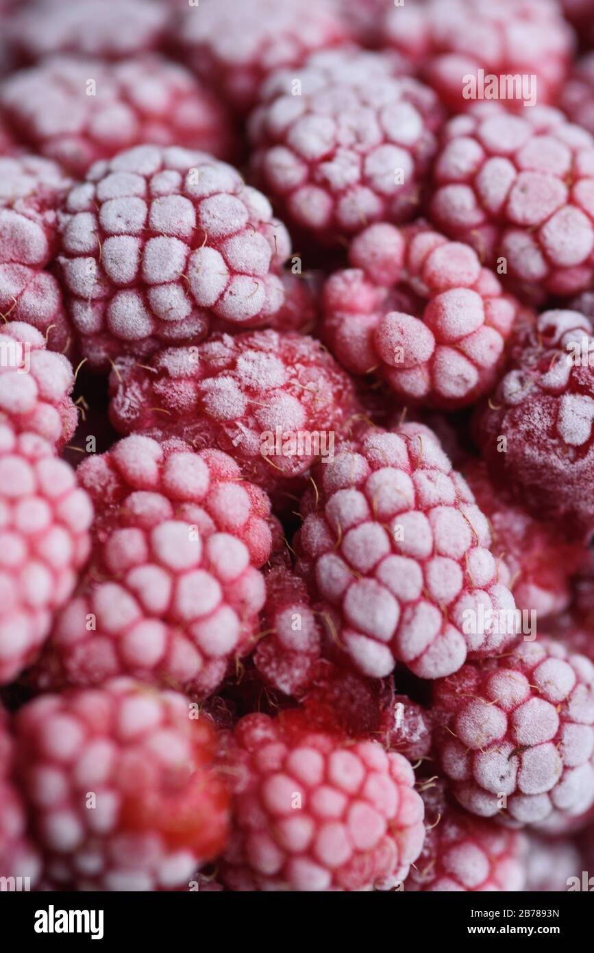 Food background. Freshly frozen raspberries, turned into a juicy piece ...