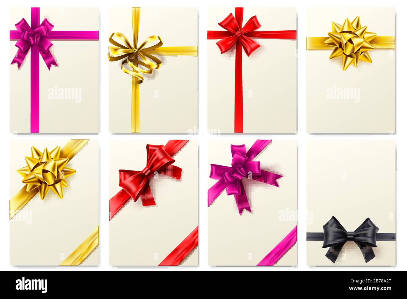 Greeting card with realistic bow. Golden ribbon, gift box with bow and ...