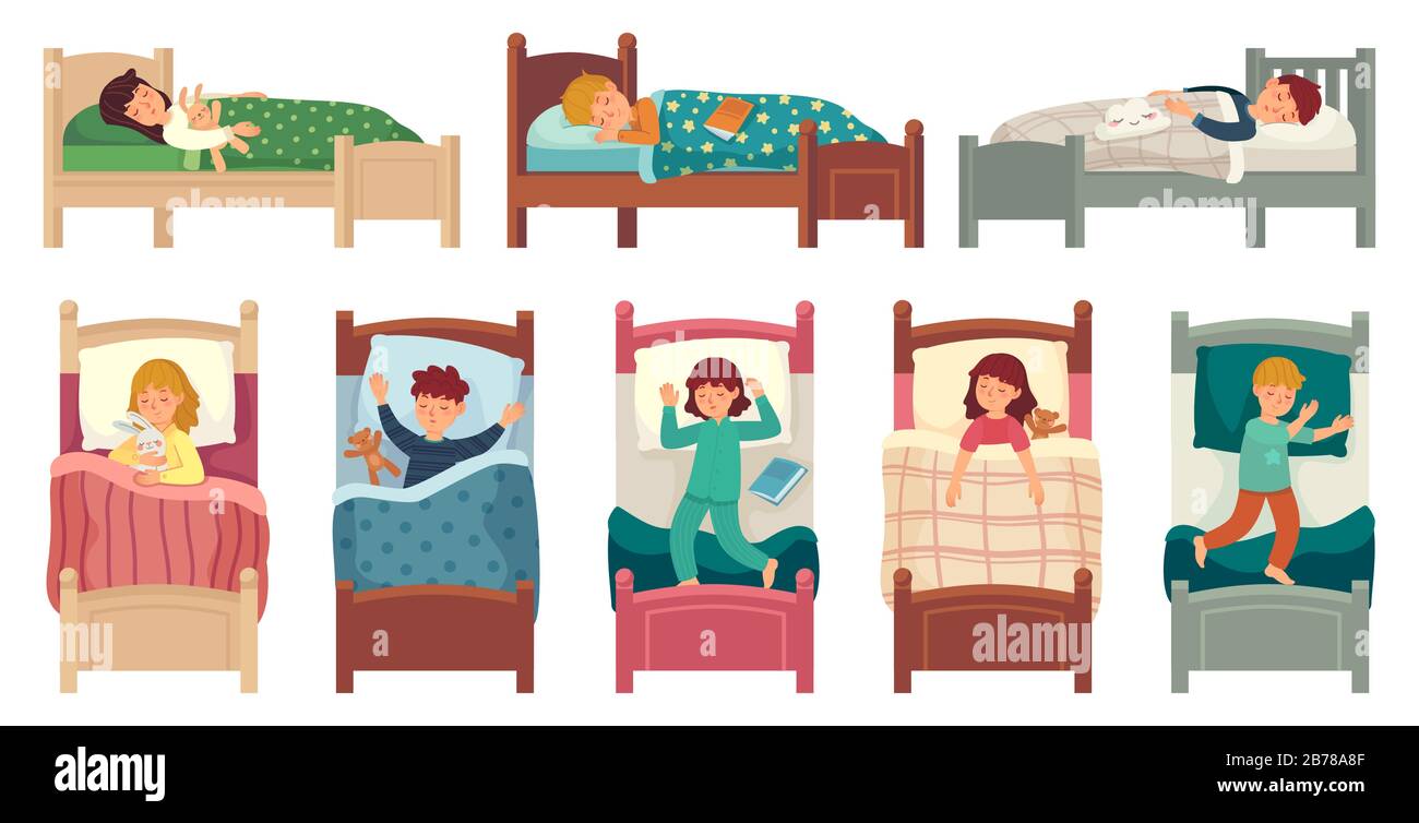 Kids sleeping in beds. Child sleeps in bed on pillow, young boy and ...