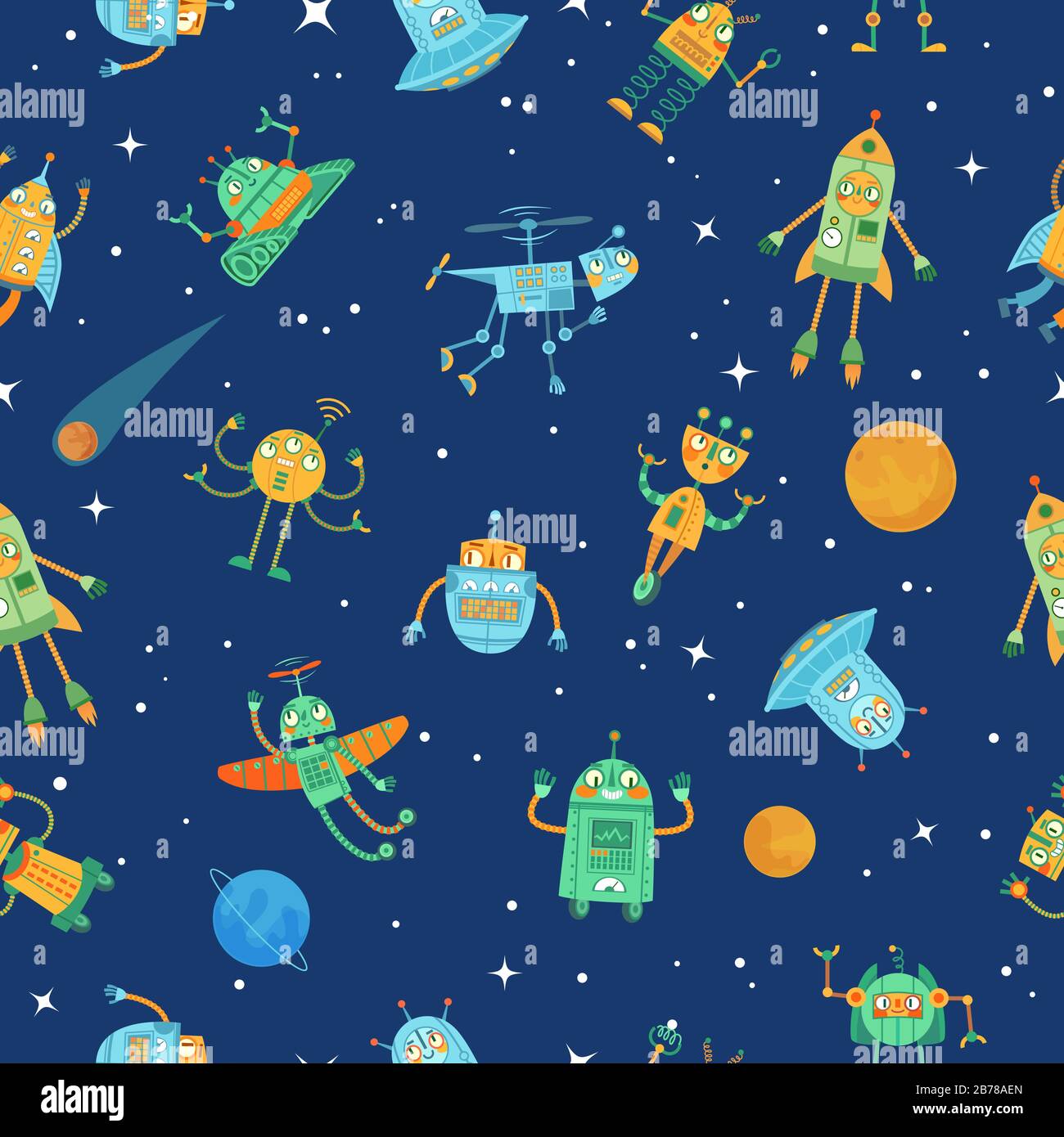 Seamless space robots pattern. Cute robot in space with stars and planets, colourful funny ...