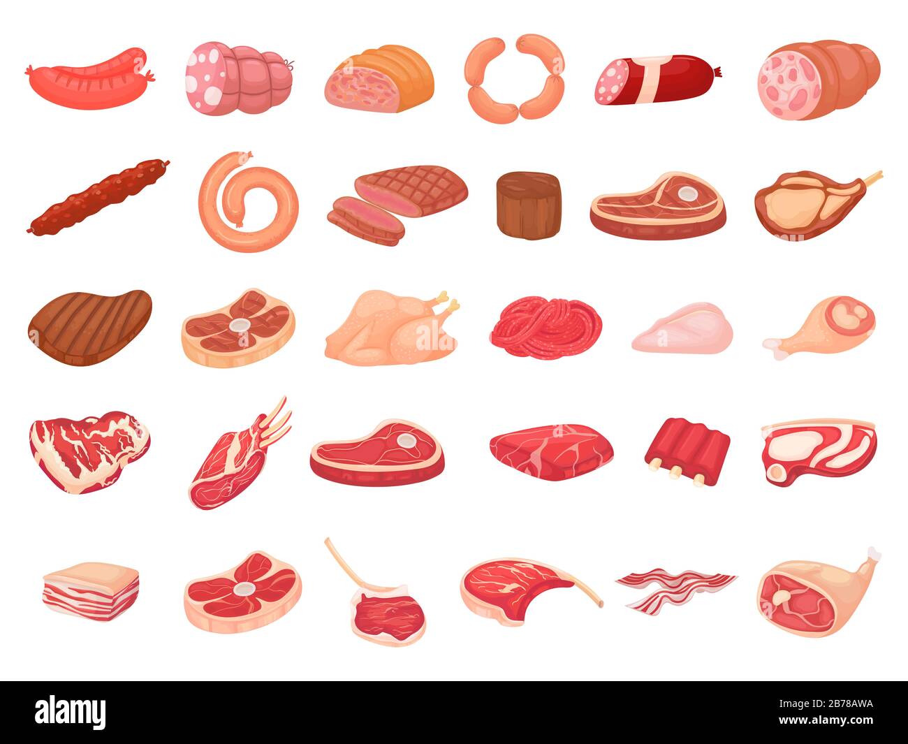 Cartoon meat products. Chicken, sausages and sausages. Steaks, pork ...