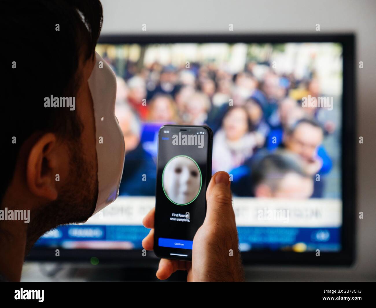 Paris, France - Nov 10. 2017: Rear view of Face Obstructed message on ...