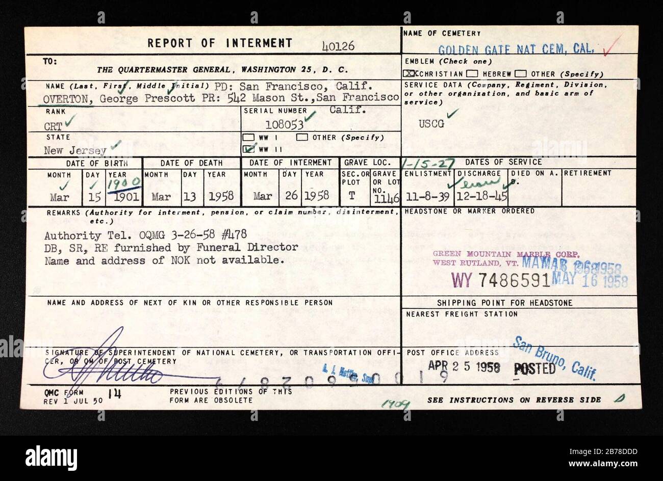 George Prescott Overton (1901-1958) U.S. National Cemetery Interment ...