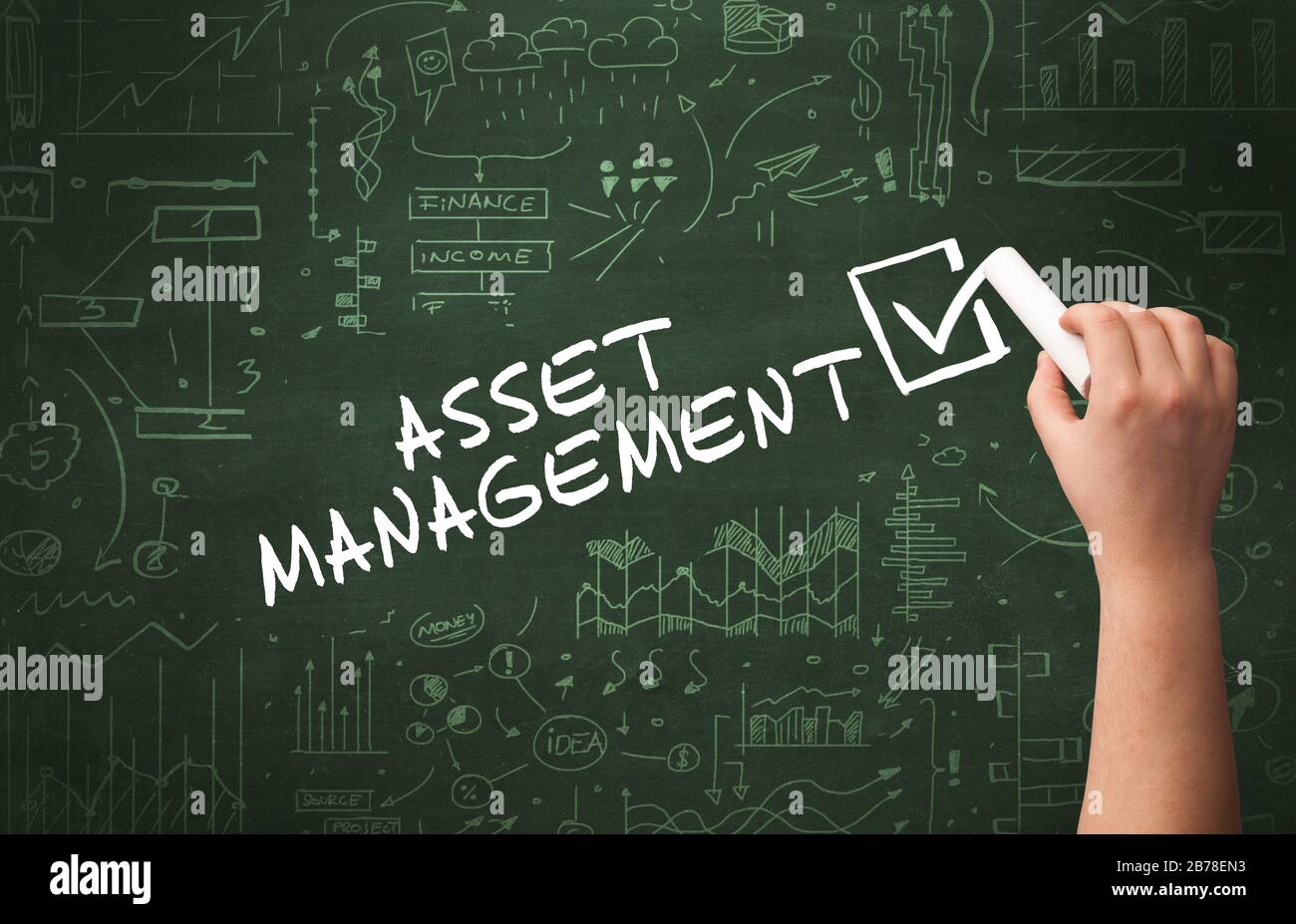 Hand drawing ASSET MANAGEMENT inscription with white chalk on ...