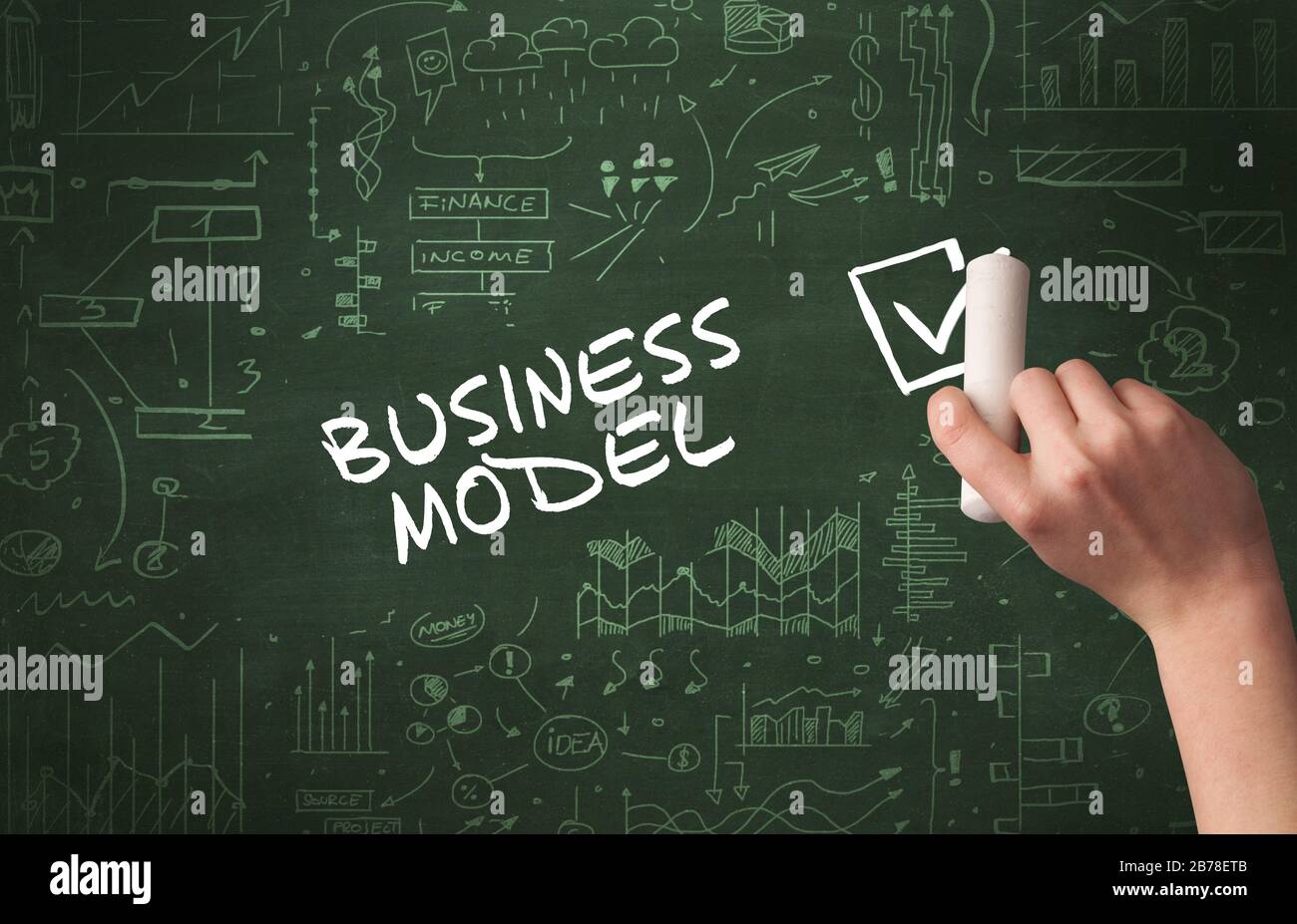 Hand drawing BUSINESS MODEL inscription with white chalk on blackboard ...