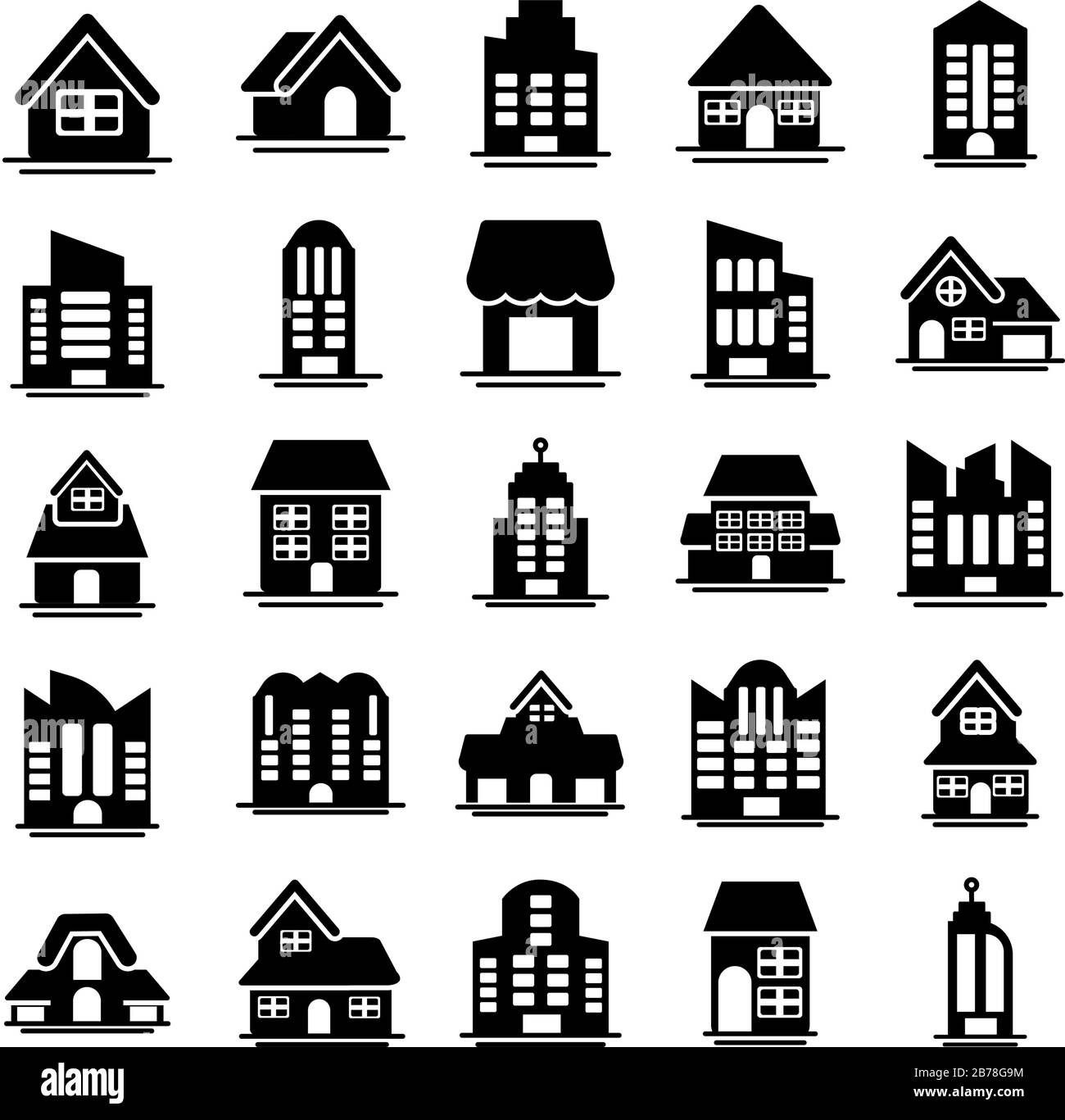 set of icons of towers of apartment, office building and house ...