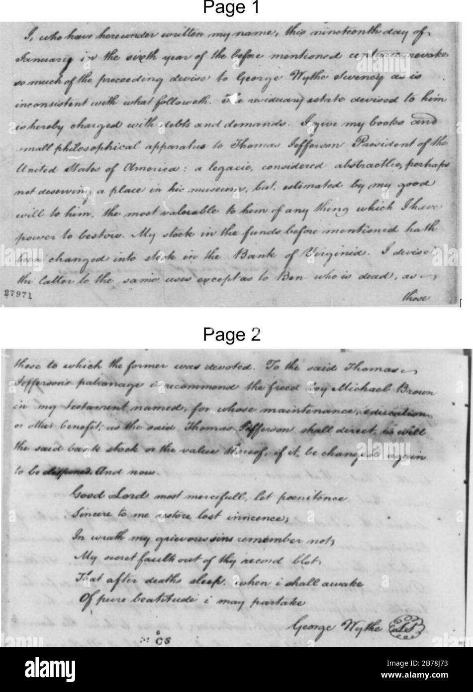 George Wythe's First Codicil to his Last Will and Testament Stock Photo ...