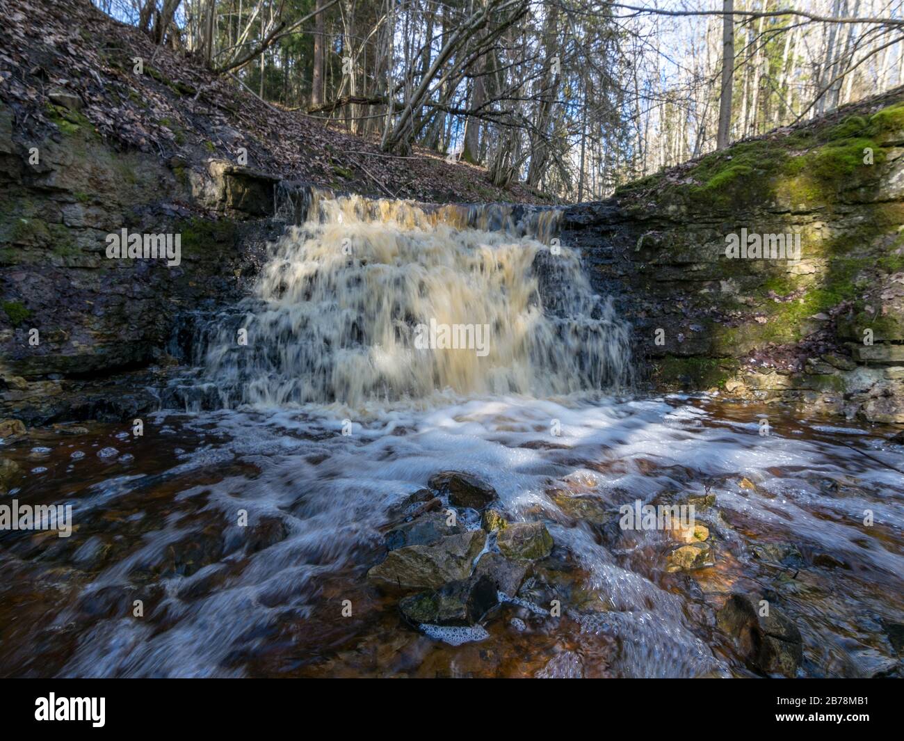 spring landscape with a small waterfall on a small wild river, small ...