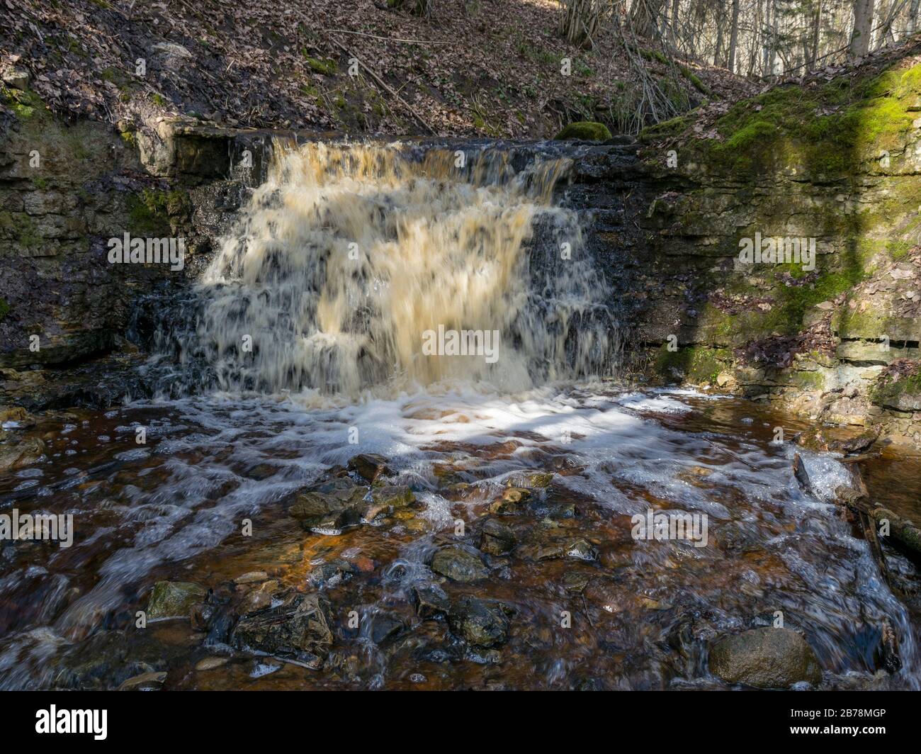 spring landscape with a small waterfall on a small wild river, small ...