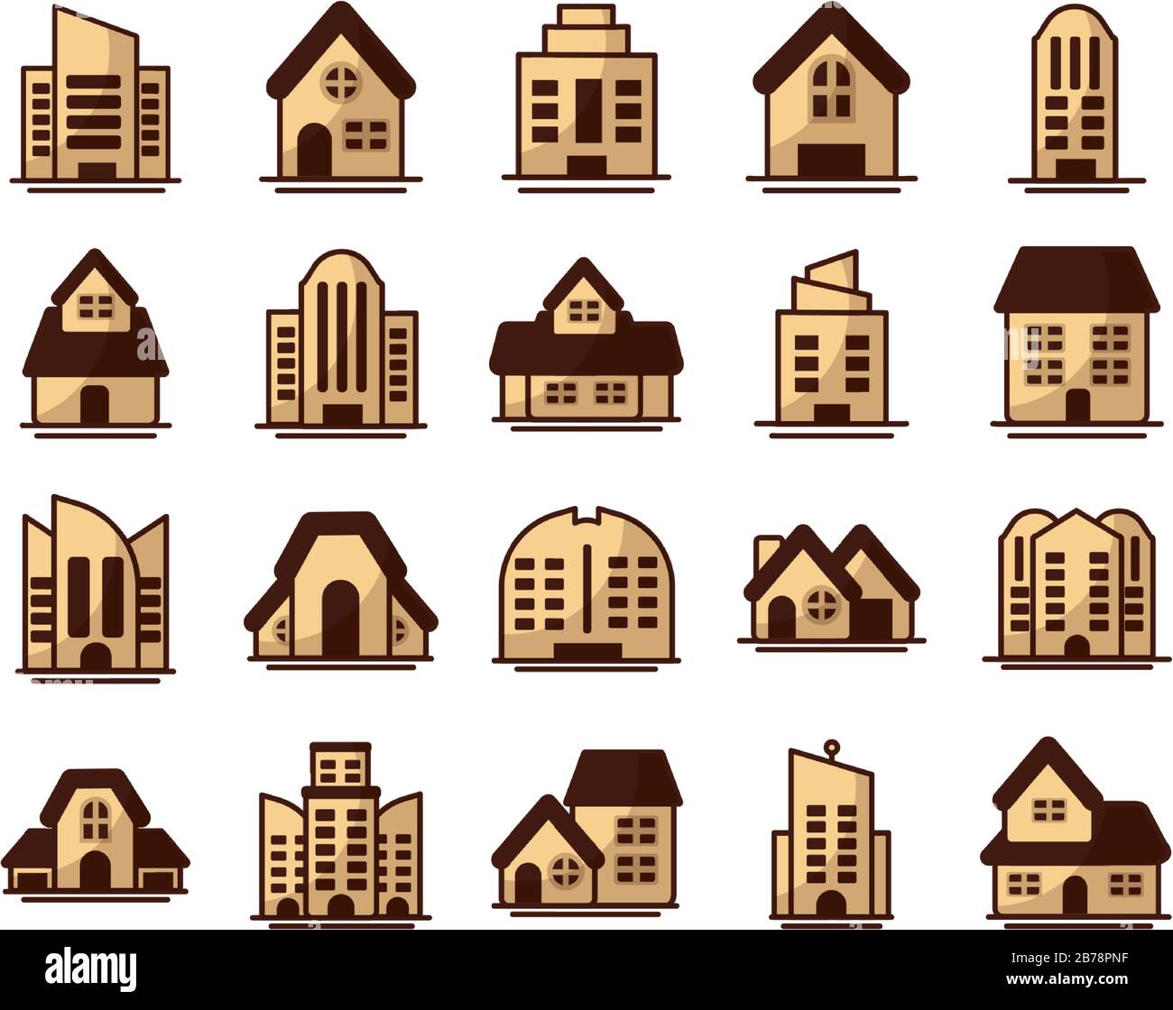 set of icons of towers of apartment, office building and house on white ...