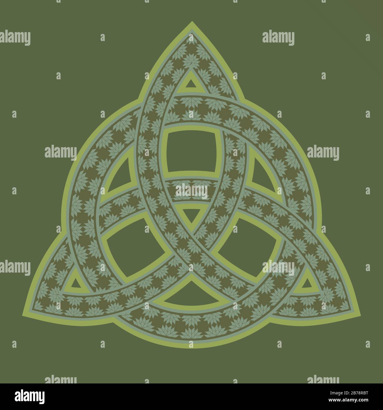Floral ornamented celtic pagan symbol triquetra on olive green ...