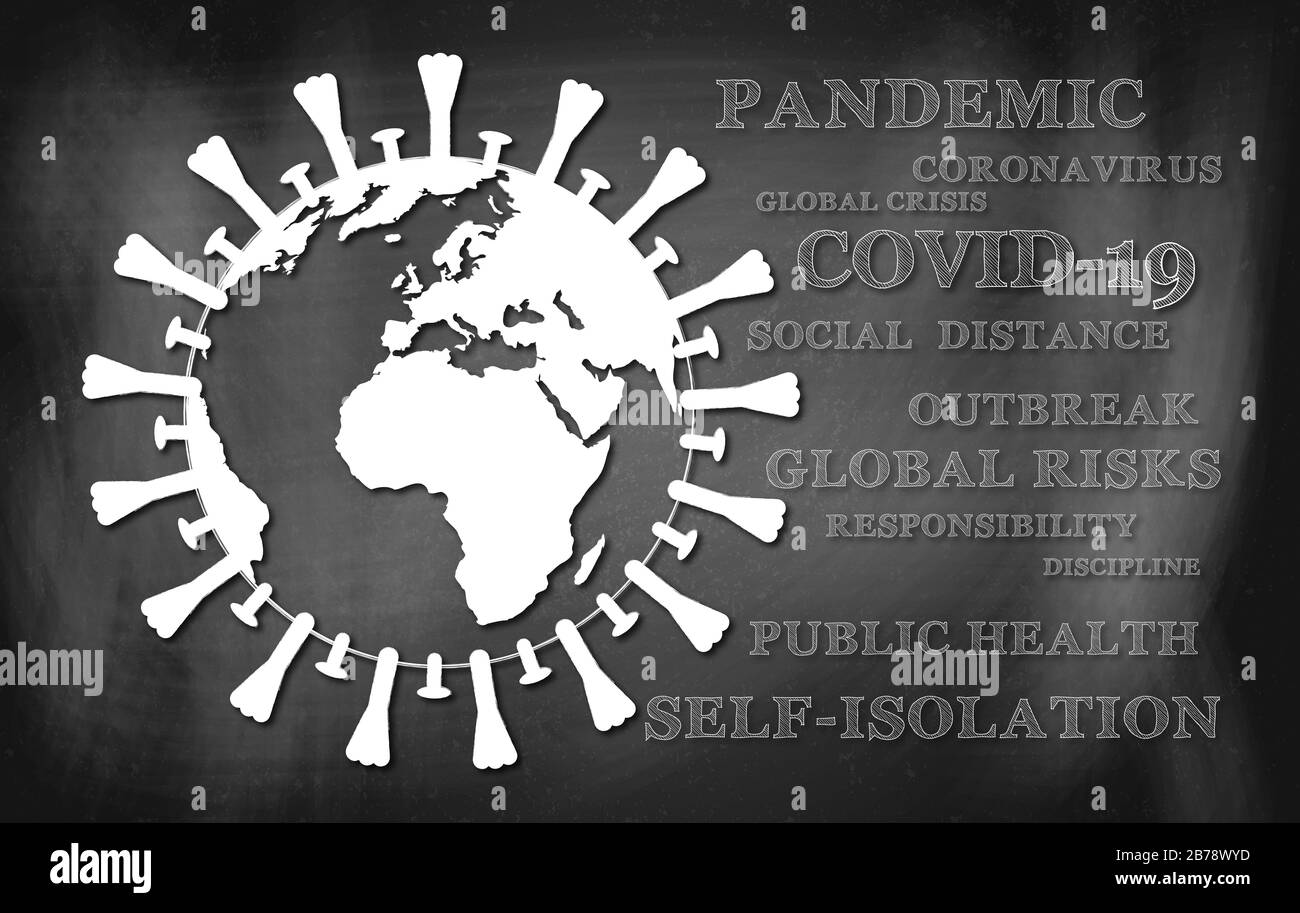 Black chalkboard with words cloud on it and illustration of the planet ...