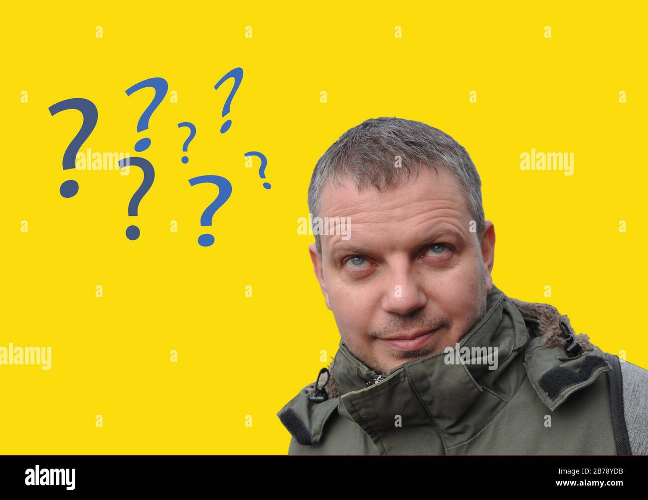 Active thinking person on a yellow background with a question mark ...