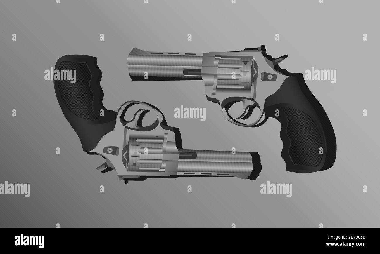 Illustration of two symmetric realistic steel revolvers with black ...