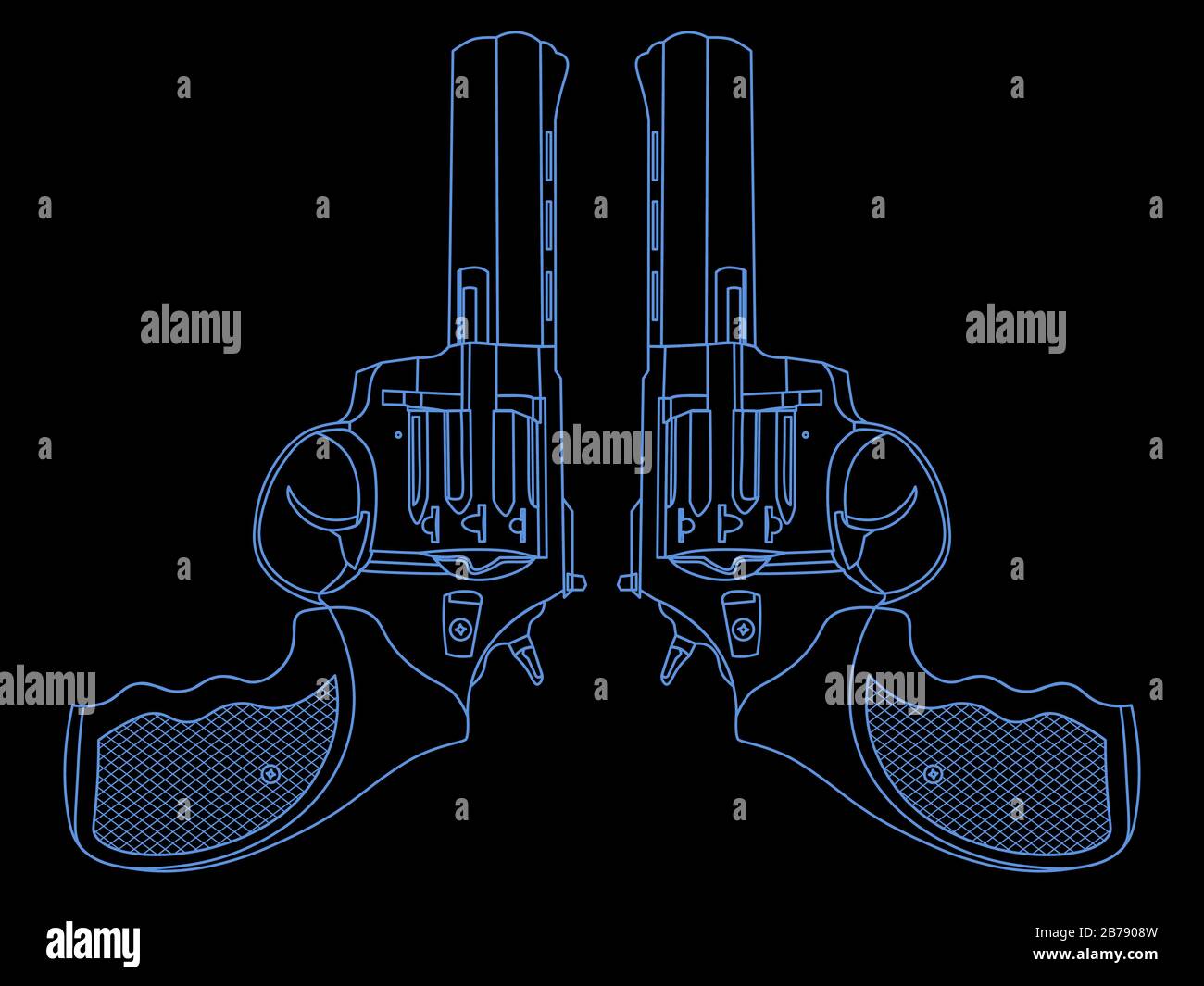 Contour illustration with two symmetric blue revolvers on black ...