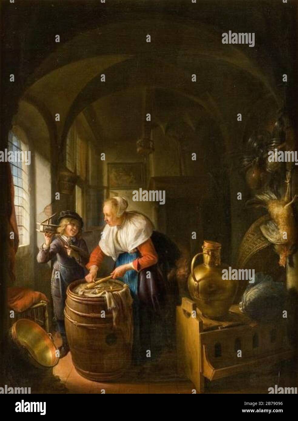 Gerard Dou - Kitchen scene with a woman and a boy with a mousetrap ...