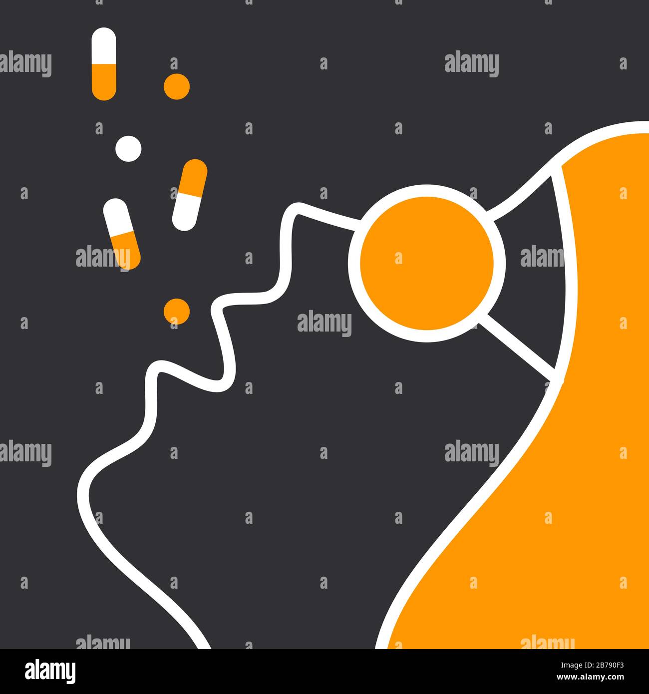 Woman taking many pills. Overdose of drugs. Head of girl with open ...