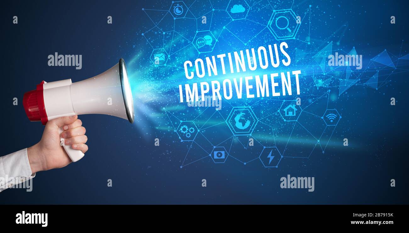 Young woman shouting in megaphone with CONTINUOUS IMPROVEMENT ...