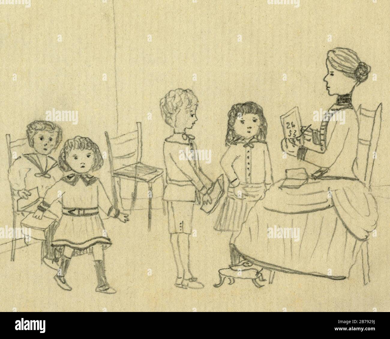 Learning arithmetic circa 1885. Detail from a pencil drawing created in ...