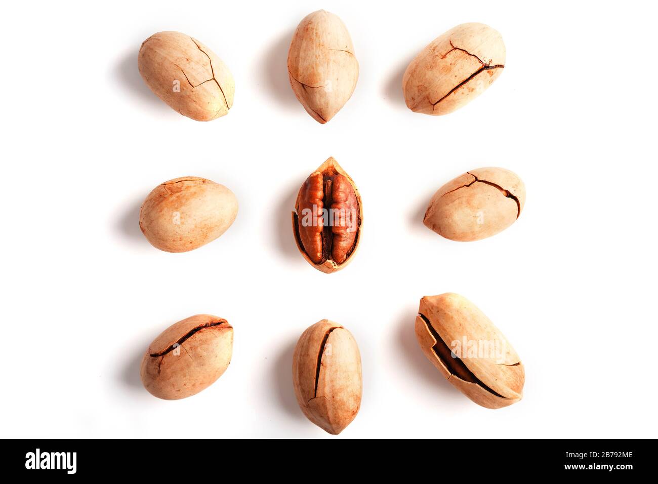 Set of peeled pecans in the center surrounded by nuts in the shell ...
